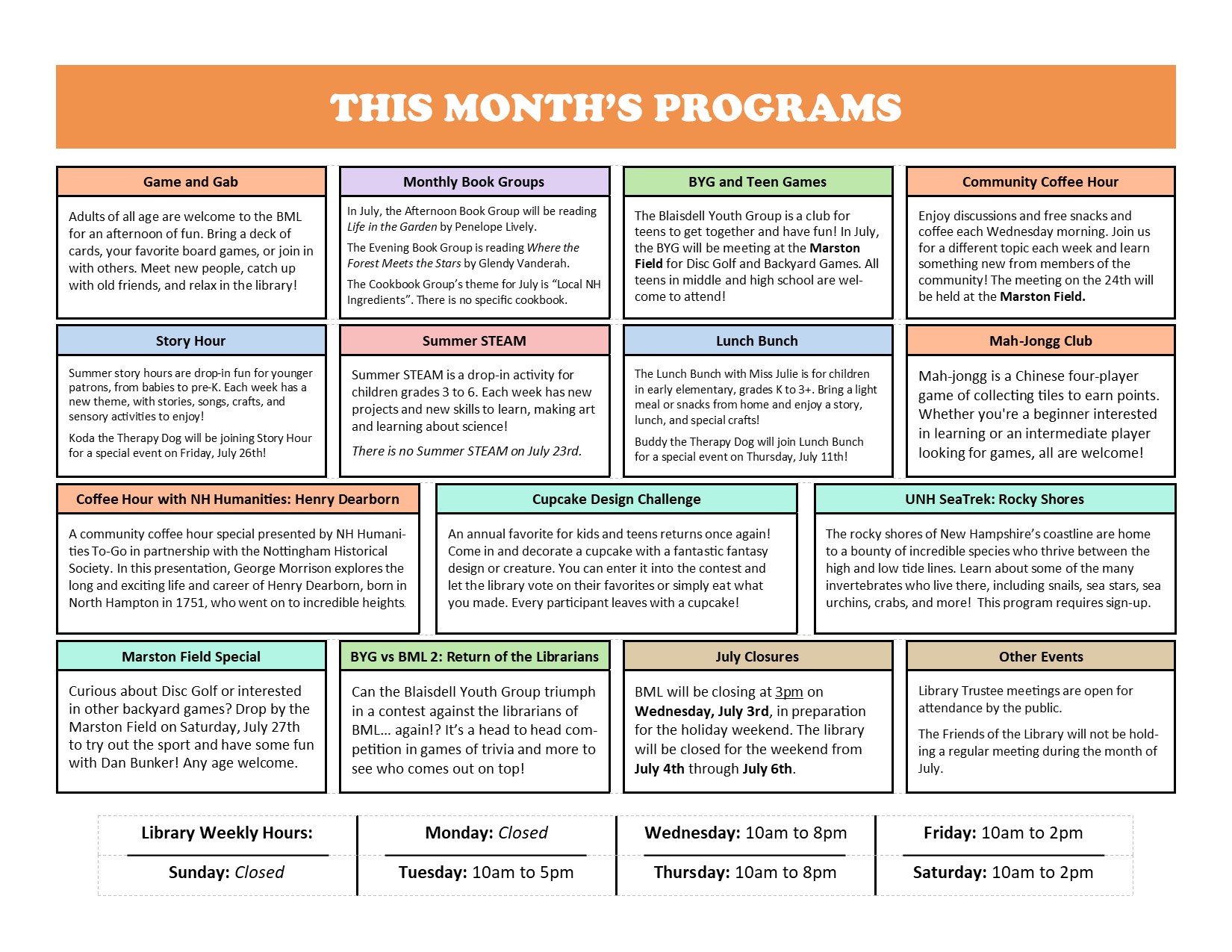 Monthly Program Calendar – Blaisdell Memorial Library