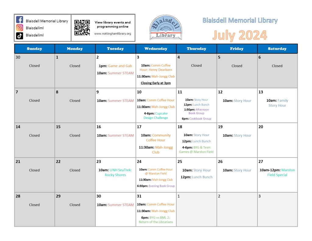 Monthly Program Calendar – Blaisdell Memorial Library
