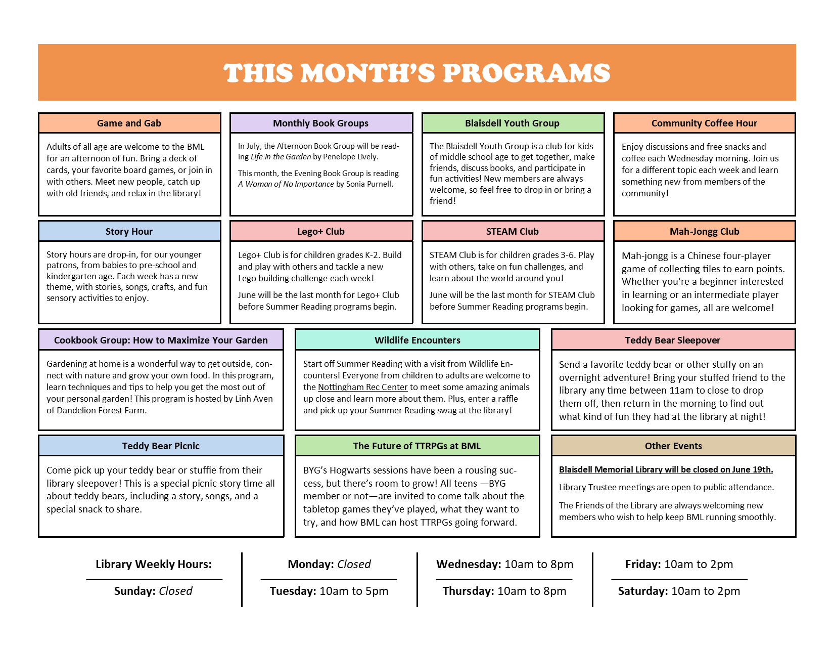 Monthly Program Calendar – Blaisdell Memorial Library