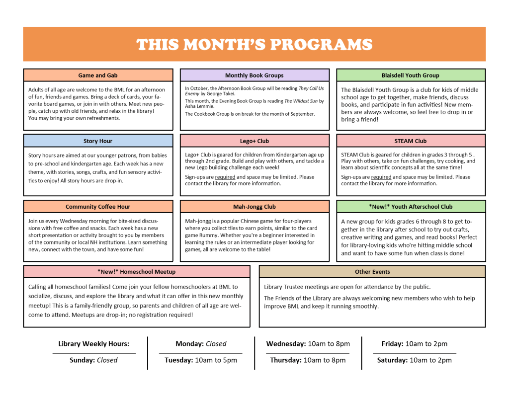 Monthly Program Calendar – Blaisdell Memorial Library