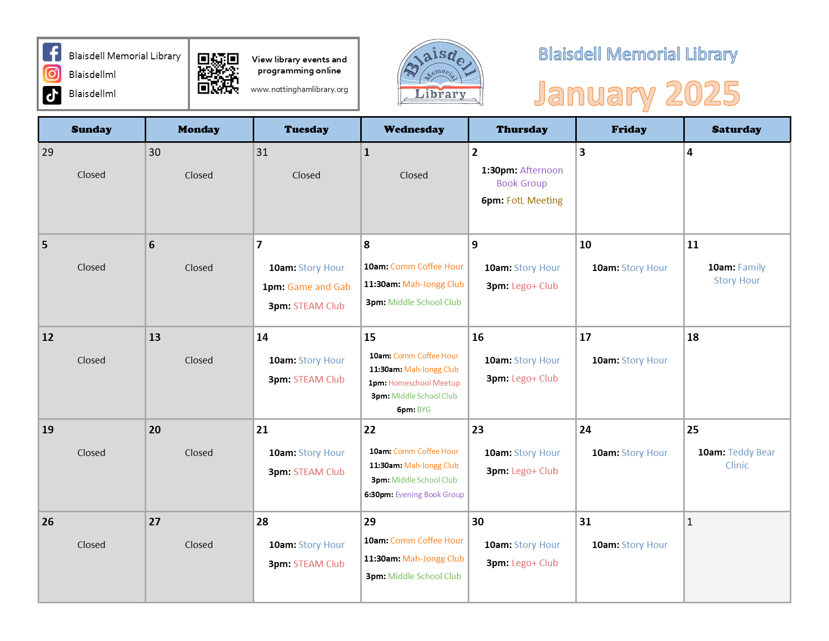 Monthly Program Calendar – Blaisdell Memorial Library