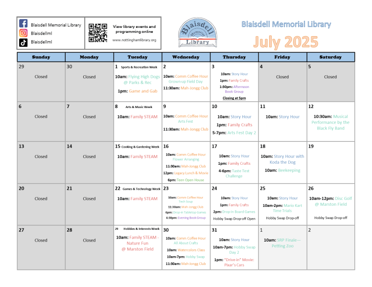 Monthly Program Calendar – Blaisdell Memorial Library