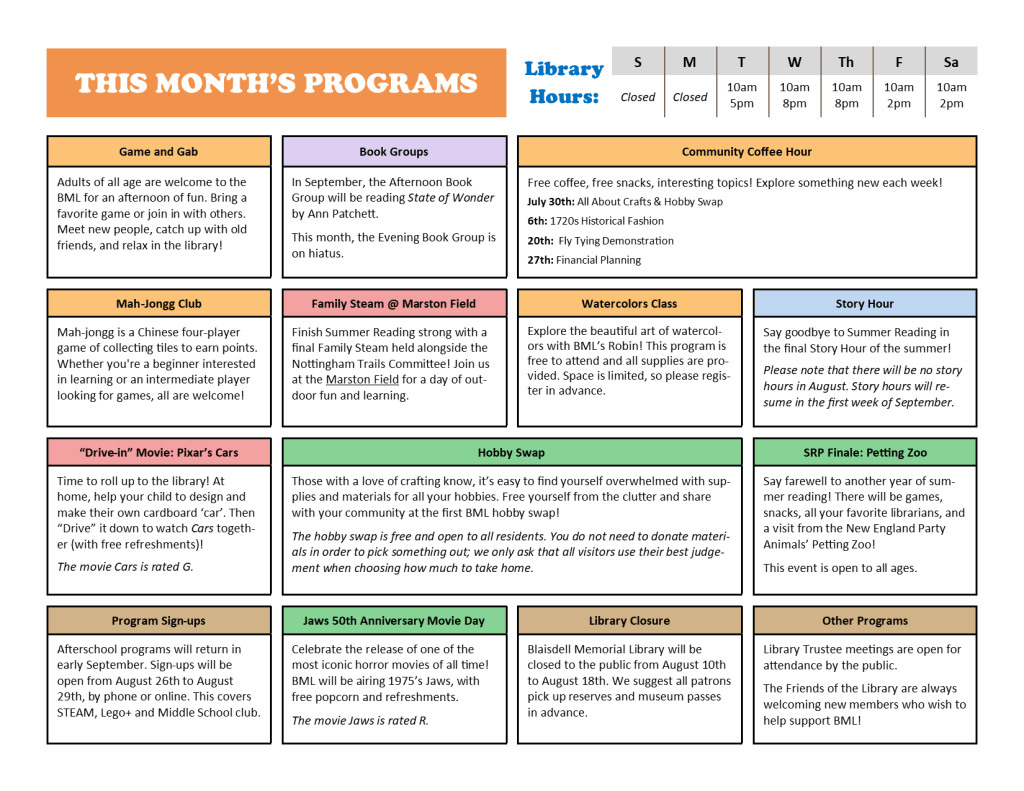 Monthly Program Calendar – Blaisdell Memorial Library
